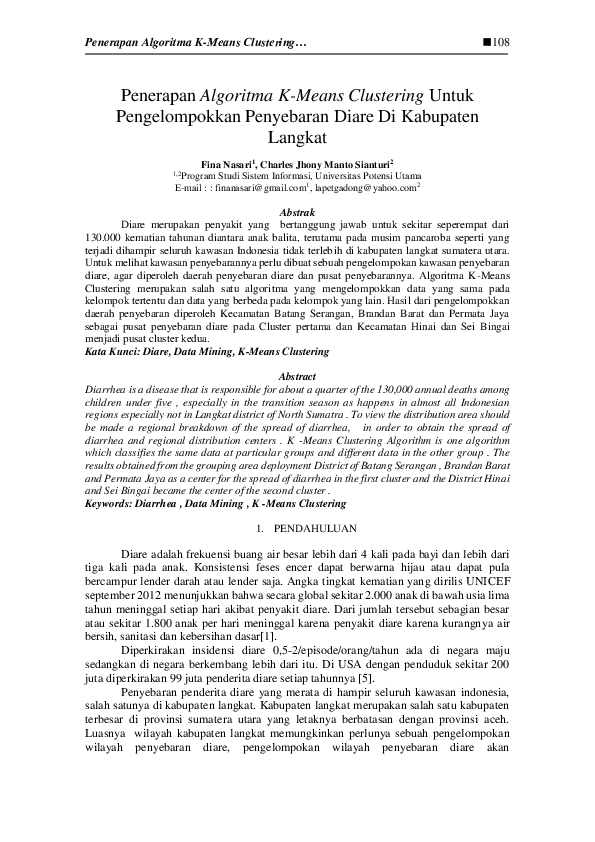 (PDF) Penerapan Algoritma K-Means Clustering Untuk Pengelompokkan Penyebaran Diare Di Kabupaten ...