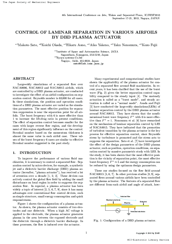 (PDF) 1137 Control of Laminar Separation in Various Airfoils by DBD Plasma Actuator