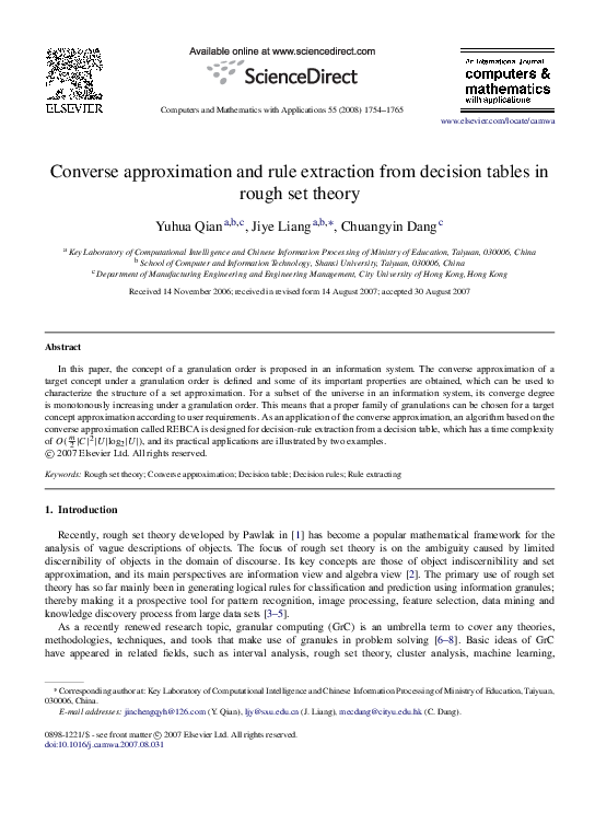 (PDF) Converse approximation and rule extraction from decision tables in rough set theory