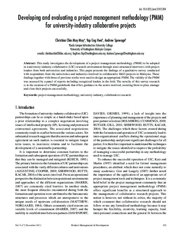 (PDF) Developing and evaluating a project management methodology (PMM) for university-industry ...