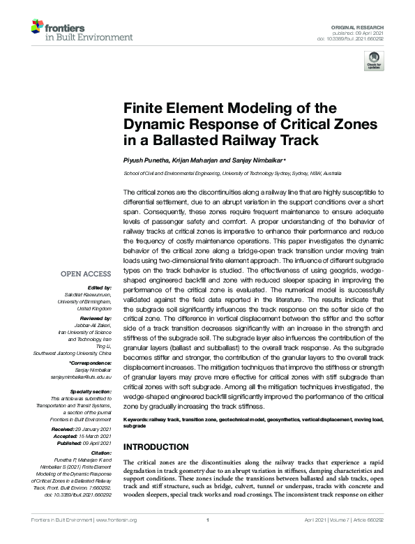 (PDF) Finite Element Modeling of the Dynamic Response of Critical Zones in a Ballasted Railway Track