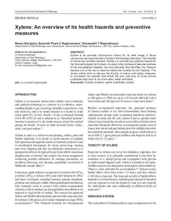 (PDF) Xylene: An overview of its health hazards and preventive measures