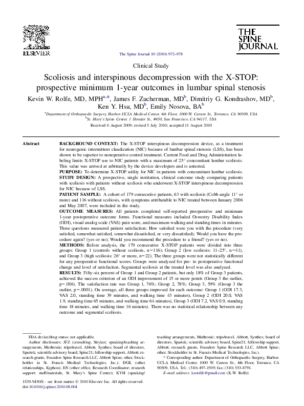 (PDF) Scoliosis and interspinous decompression with the X-STOP ...