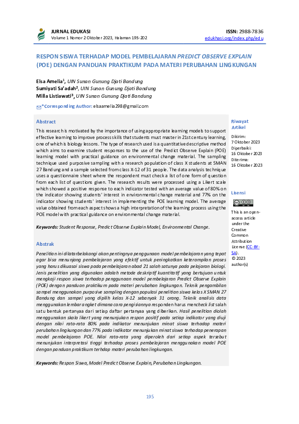 (PDF) Respon Siswa terhadap Model Pembelajaran Predict Observe Explain (POE) dengan Panduan ...