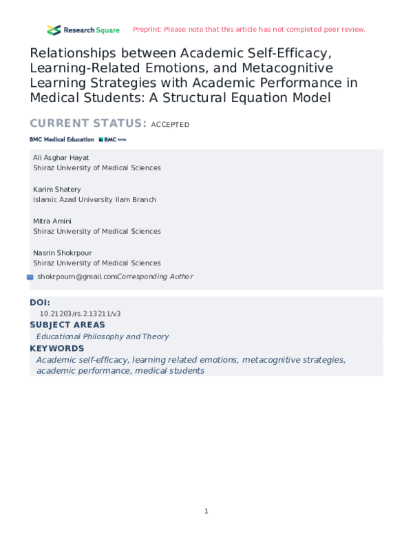 (PDF) Relationships between Academic Self-Efficacy, Learning-Related Emotions, and Metacognitive ...