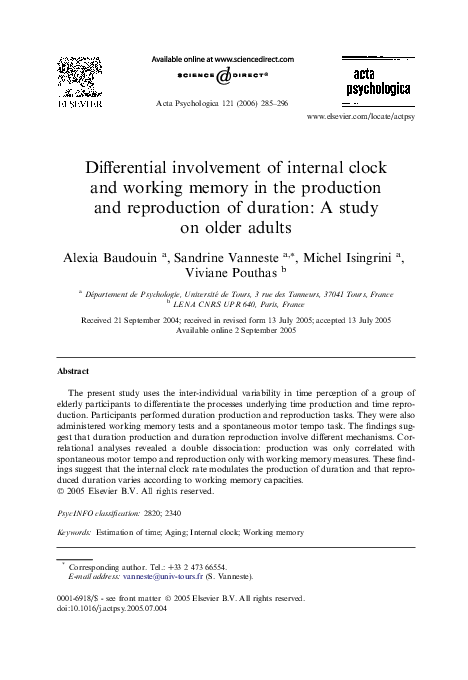 (PDF) Differential involvement of internal clock and working memory in the production and ...