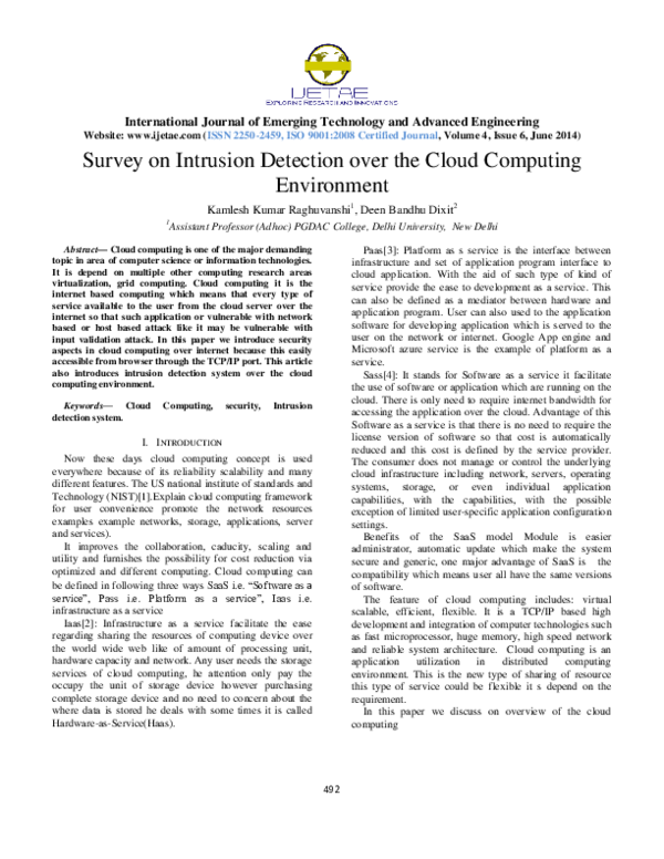 Pdf Survey On Intrusion Detection Over The Cloud Computing Environment