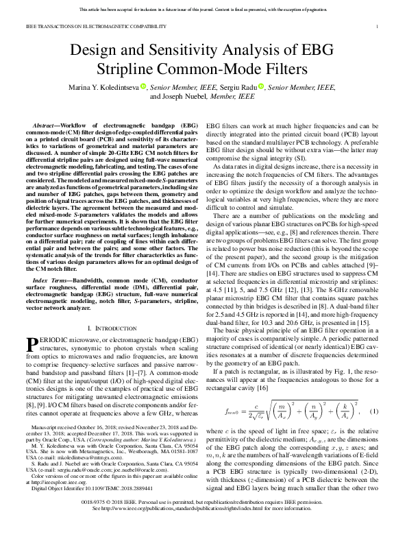 (PDF) Design and Sensitivity Analysis of EBG Stripline Common-Mode Filters