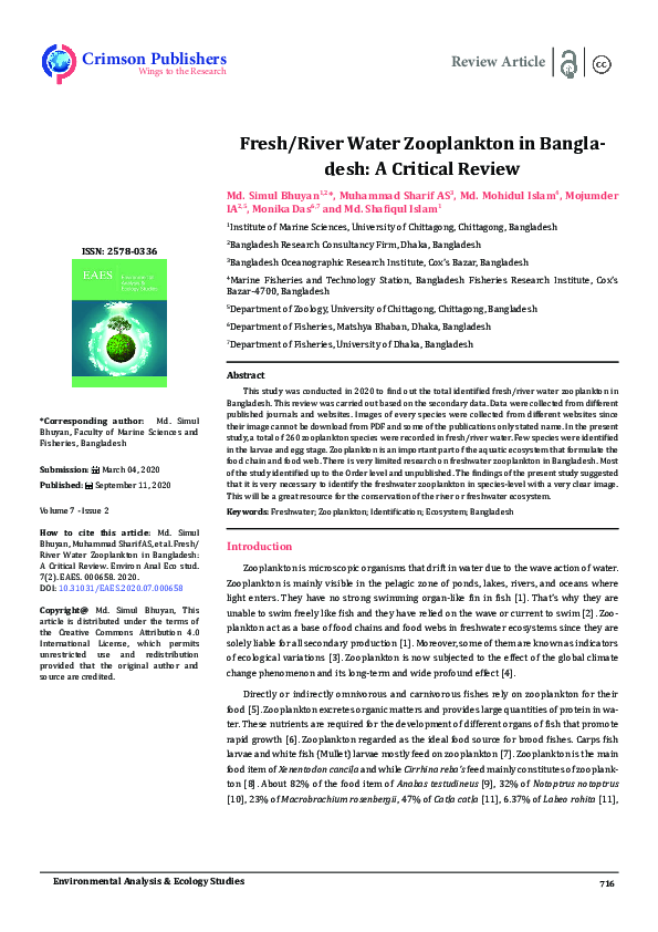 (PDF) Fresh/River Water Zooplankton in Bangladesh: A Critical Review