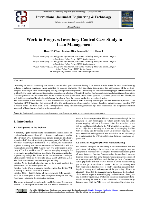 (PDF) Work-in-Progress Inventory Control Case Study in Lean Management