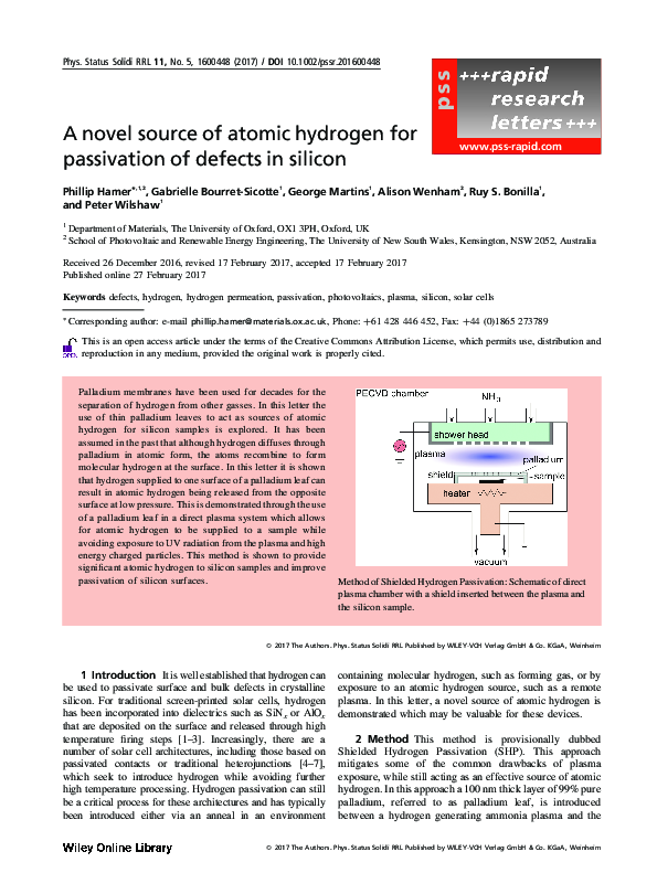 (PDF) A novel source of atomic hydrogen for passivation of defects in silicon