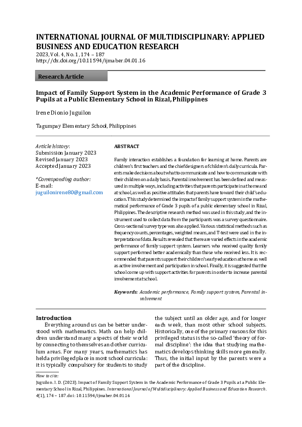 (PDF) Impact of Family Support System in the Academic Performance of ...