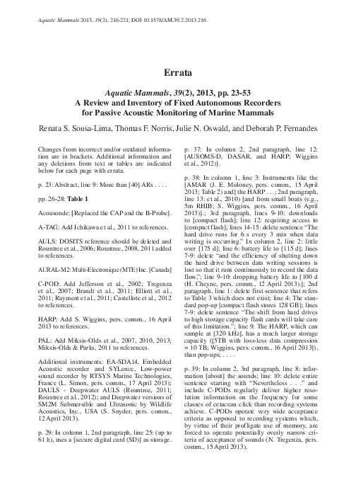 (PDF) Errata: Aquatic Mammals, 39(1), 2013, pp. 23-53 A Review and Inventory of Fixed Autonomous ...