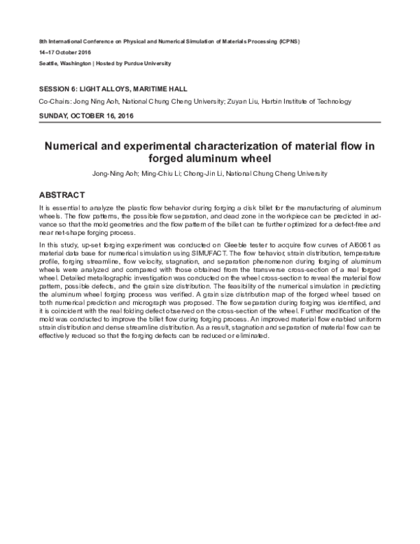 (PDF) Numerical and experimental characterization of material flow in forged aluminum wheel