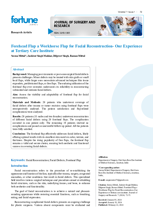 (PDF) Forehead Flap a Workhorse Flap for Facial Reconstruction-Our ...