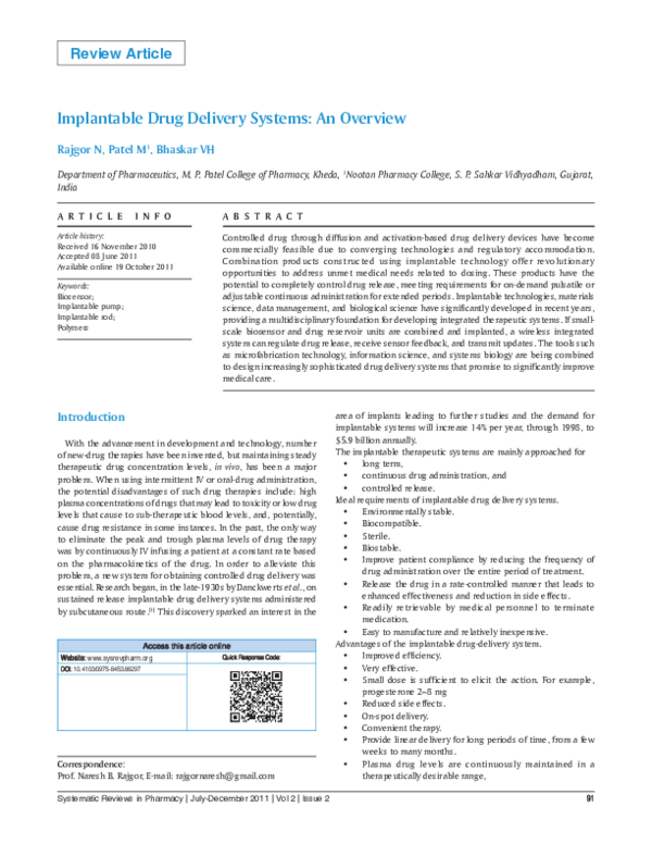 (PDF) Implantable drug delivery systems: An overview