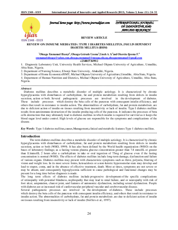 Review on Immune Mediated ( Type I Diabetes Mellitus, Insulin Dependent ...