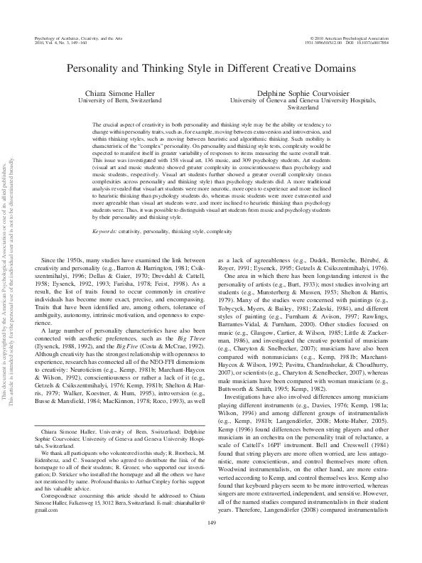 (PDF) Personality and thinking style in different creative domains