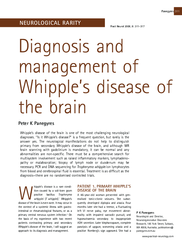 (PDF) Diagnosis and management of Whipple's disease of the brain