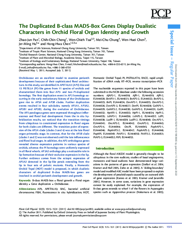 (PDF) The Duplicated B-class MADS-Box Genes Display Dualistic Characters in Orchid Floral Organ ...