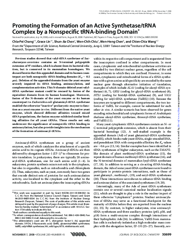 (PDF) Promoting the Formation of an Active Synthetase/tRNA Complex by a ...