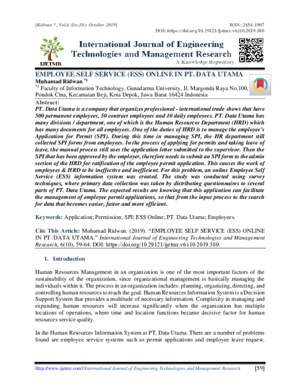 (PDF) Employee Self Service (Ess) Online in Pt. Data Utama