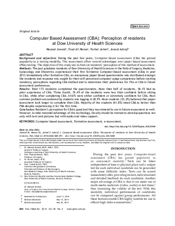 (PDF) Computer Based Assessment (CBA): Perception of residents at Dow ...