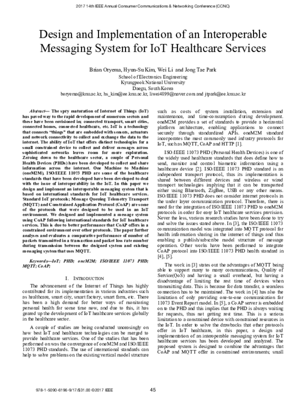 (PDF) Design and implementation of an interoperable messaging system for IoT healthcare services