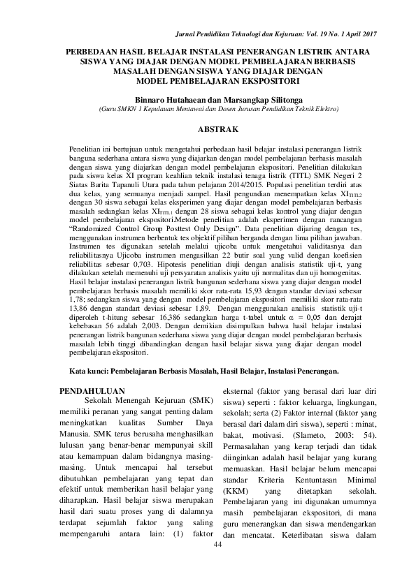 (PDF) Perbedaan Hasil Belajar Instalasi Penerangan Listrik Antara Siswa Yang Diajar Dengan Model ...
