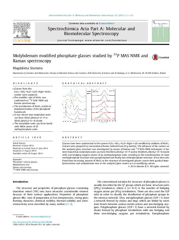 (PDF) Molybdenum modified phosphate glasses studied by 31P MAS NMR and ...