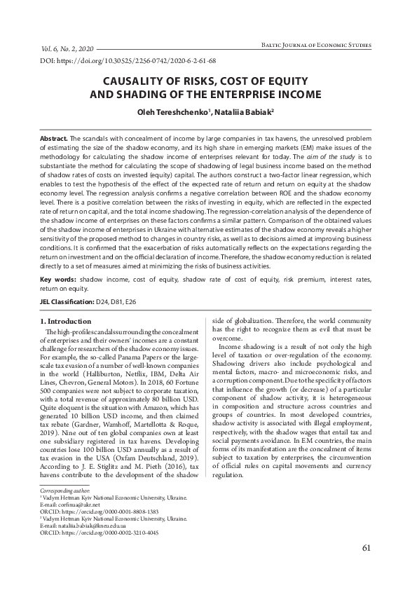 (PDF) Causality of Risks, Cost of Equity and Shading of the Enterprise Income