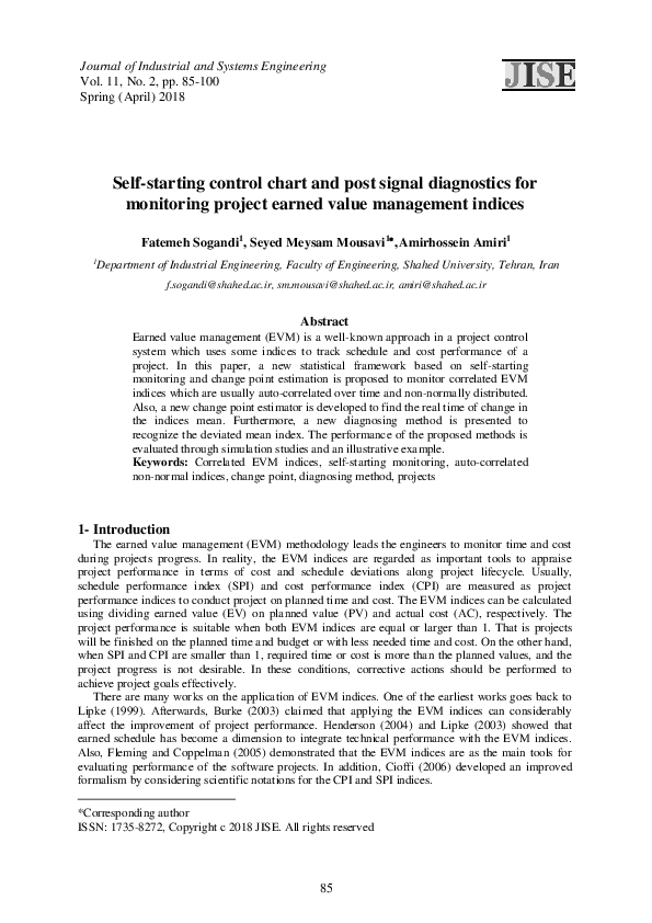 (PDF) Self-Starting Control Chart and Post Signal Diagnostics for Monitoring Project Earned ...