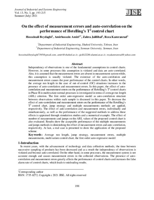 (PDF) On the effect of measurement errors and auto-correlation on the performance of Hotelling’s ...