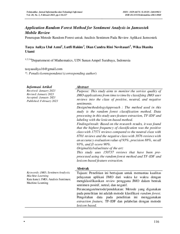 (PDF) Application Random Forest Method for Sentiment Analysis in Jamsostek Mobile Review