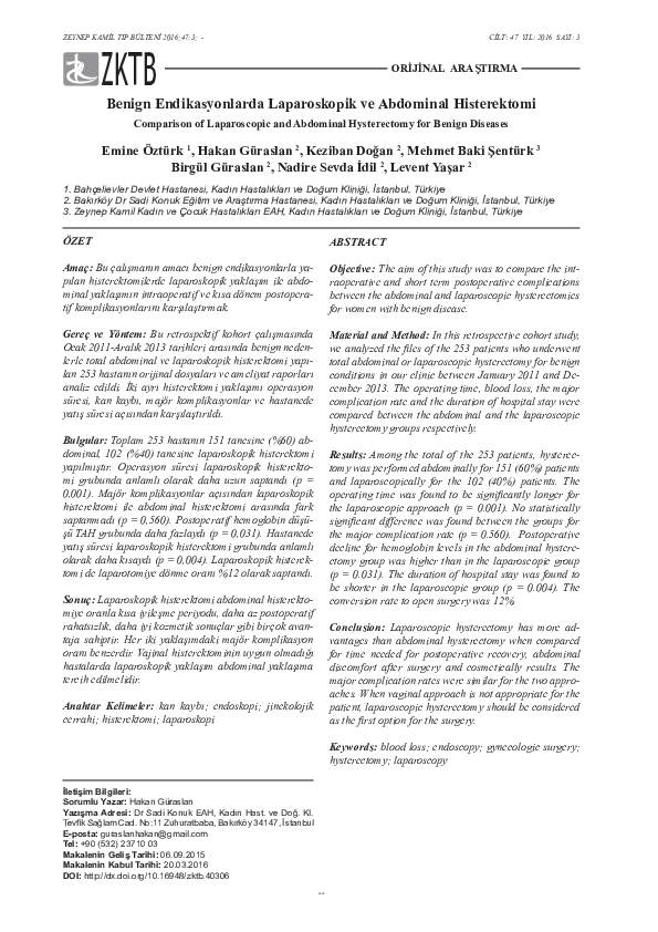 (PDF) Benign endikasyonlarda laparoskopik ve abdominal histerektomi