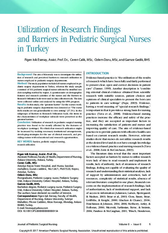 (PDF) Utilization of Research Findings and Barriers in Pediatric Surgical Nurses in Turkey