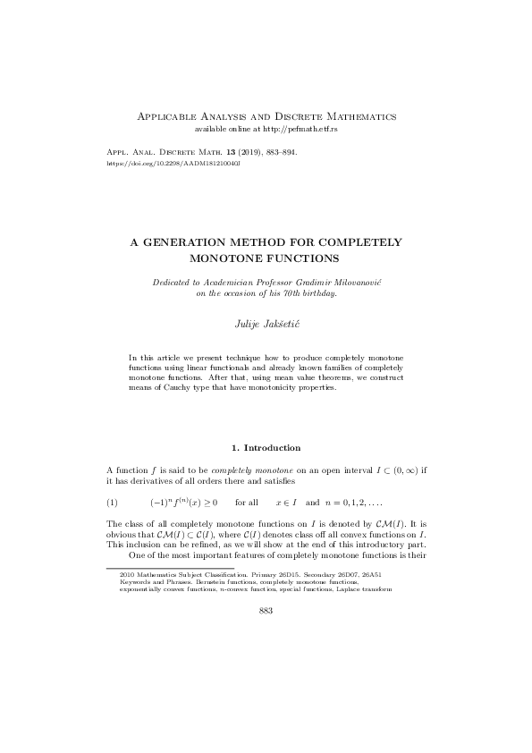 Pdf A Generation Method For Completely Monotone Functions