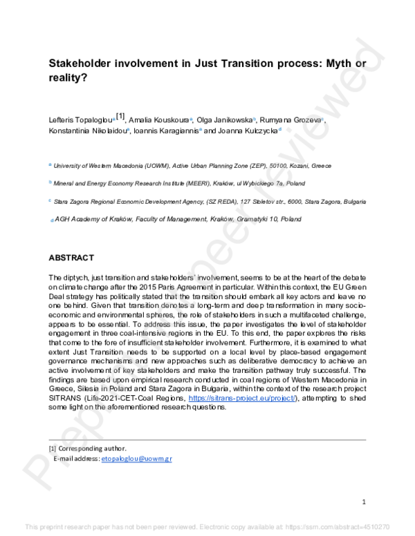 (PDF) Stakeholder Involvement in Just Transition Process: Myth or Reality?