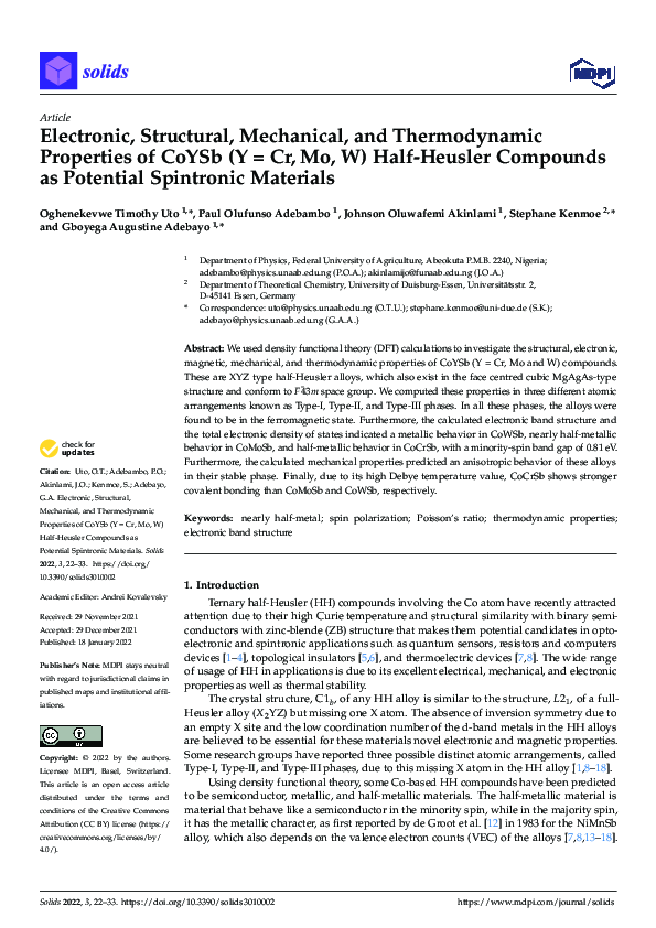 (PDF) Electronic, Structural, Mechanical, and Thermodynamic Properties of CoYSb (Y = Cr, Mo, W ...