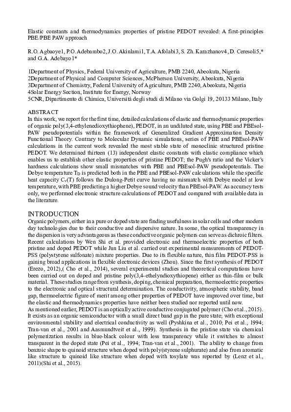 (PDF) Elastic constants and thermodynamics properties of pristine PEDOT revealed: A first ...