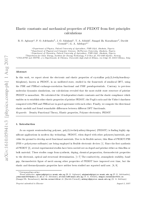 (PDF) Elastic constants and mechanical properties of PEDOT from first principles calculations
