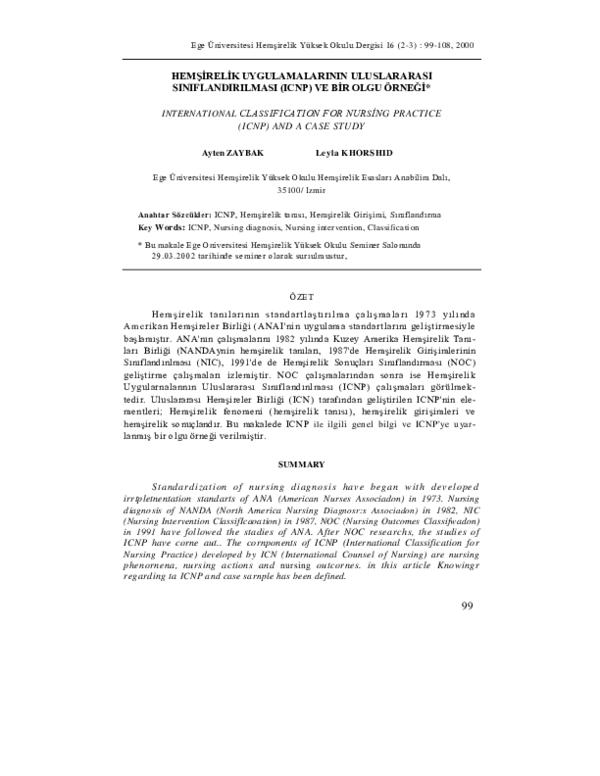 (PDF) Hemşirelik Uygulamalarının Uluslararası Sınıflandırılması ICNP ve Bir Olgu Örneği