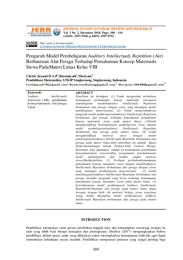 (PDF) Pengaruh Model Pembelajaran Auditory Intellectualy Repitition (Air) Berbantuan Alat Peraga ...
