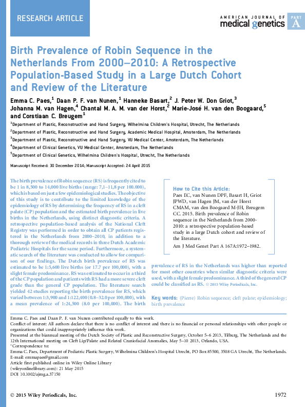 (PDF) Birth prevalence of Robin sequence in the Netherlands from 2000 ...