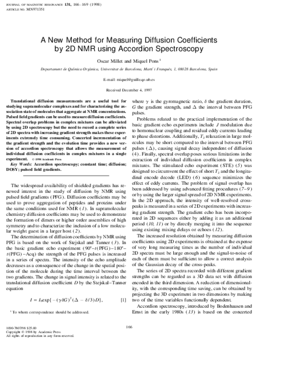 (PDF) Measuring Diffusion Coefficients via 2D NMR Accordion Spectroscopy