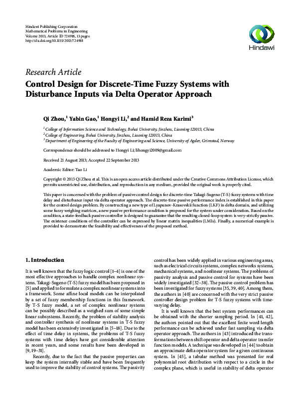 (PDF) Control Design for Discrete-Time Fuzzy Systems with Disturbance Inputs via Delta Operator ...