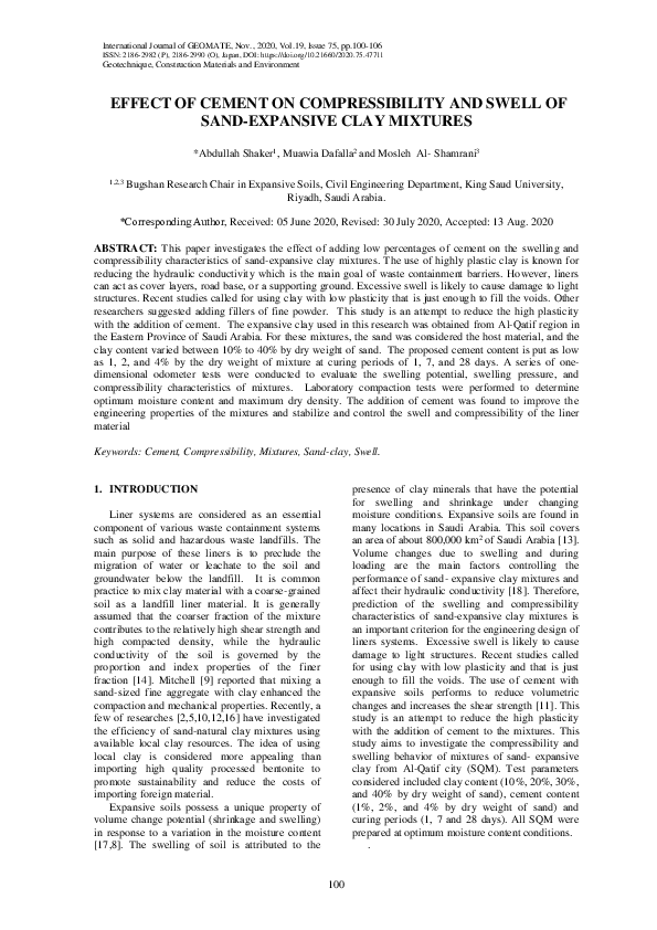 (PDF) Effect of Cement on Compressibility and Swell of Sand-Expansive ...