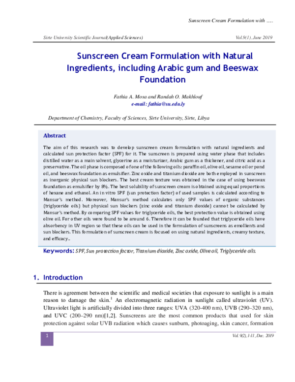 (PDF) Sunscreen Cream Formulation with Natural Ingredients, including ...