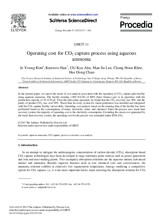 (PDF) Operating Cost for CO2 Capture Process Using Aqueous Ammonia ...