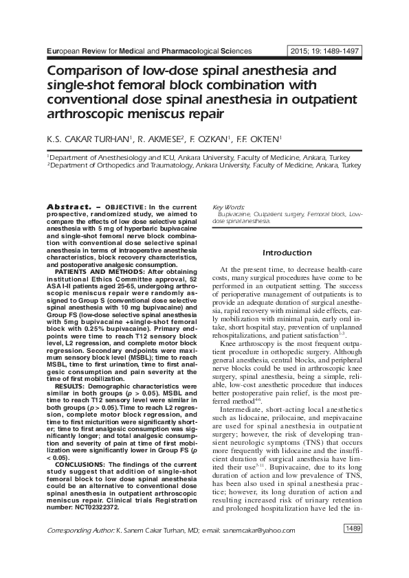 (PDF) Comparison of low-dose spinal anesthesia and single-shot femoral ...